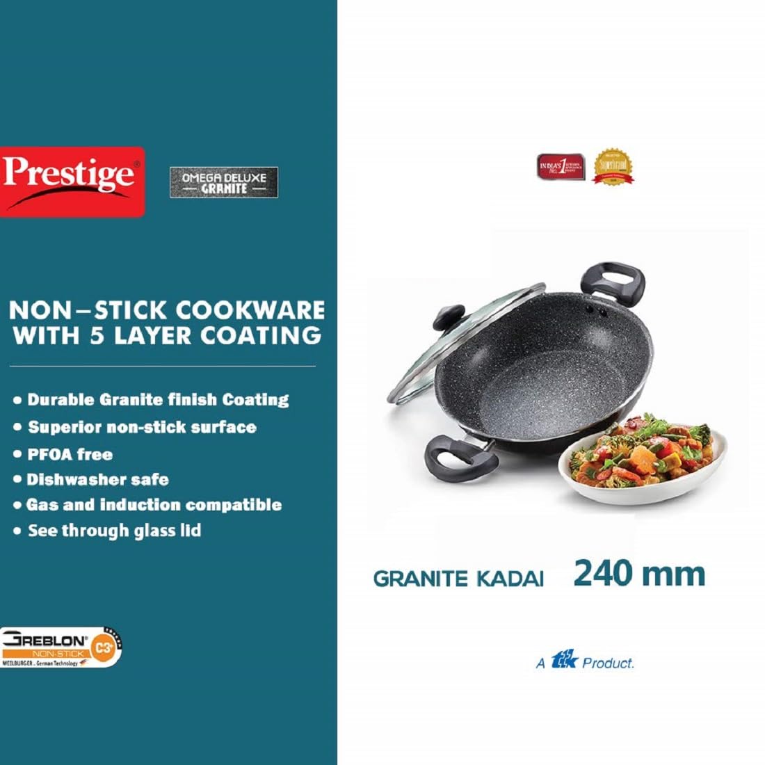 Prestige Omega Non-Stick Granite Kadai With Lid, 240MM - Buildhub
