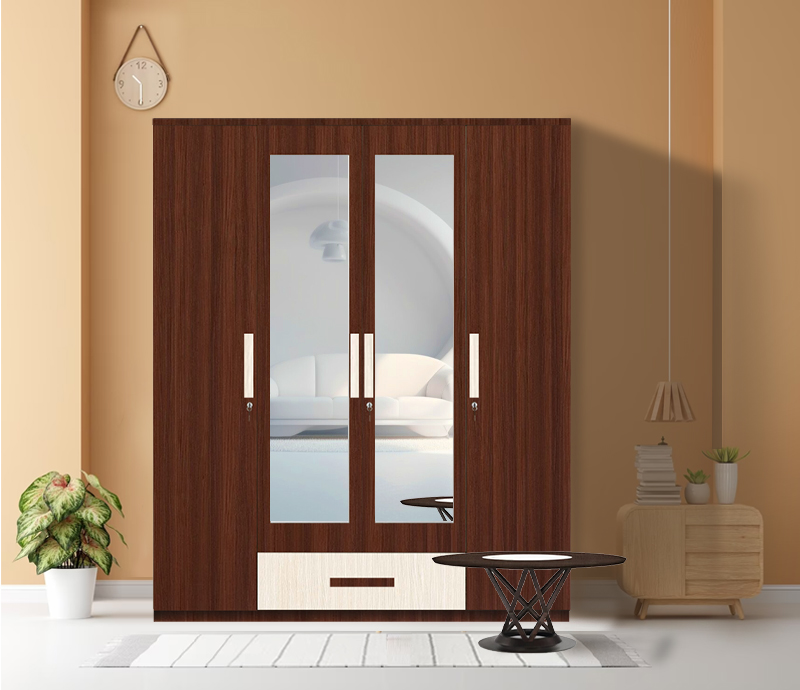 Engineering Wood 4 Door Wardrobe in Classic Planked Walnut & Ice Beech ...