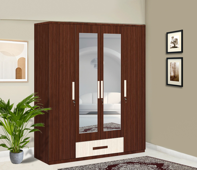 Engineering Wood 4 Door Wardrobe in Classic Planked Walnut & Ice Beech ...
